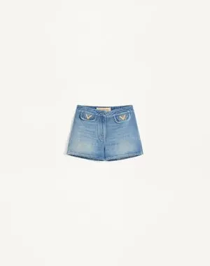 Valentino Garavani Denim Shorts With Floral Pocket Detail - Blue