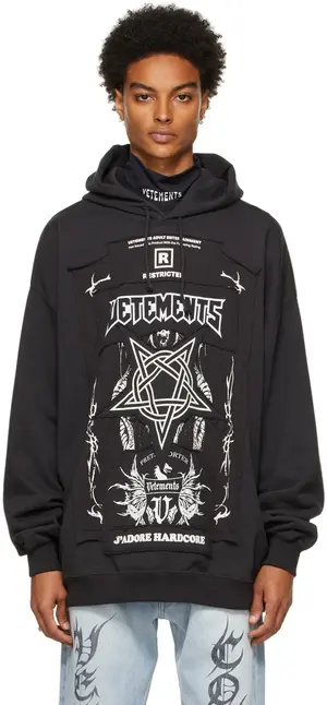 Vetements VETEMENTS Black 'J'adore Hardcore' Patched Hoodie - Black / White