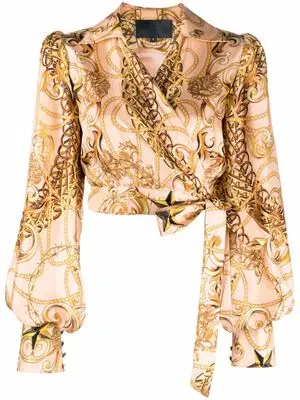 Philipp Plein Baroque-print Silk Wrap Blouse - Neutrals