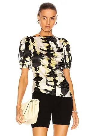 GANNI Silk Stretch Satin Top In Yellow,black
