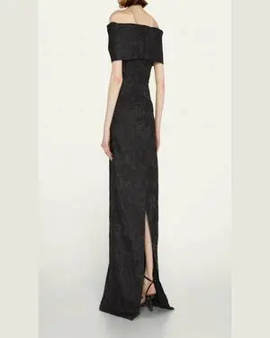 Rickie Freeman For Teri Jon Off-shoulder Jacquard Gown - Black