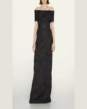 Rickie Freeman For Teri Jon Off-shoulder Jacquard Gown - Black