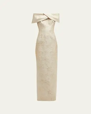 Rickie Freeman For Teri Jon Off-shoulder Jacquard Gown - Gold