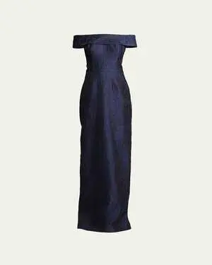 Rickie Freeman For Teri Jon Off-shoulder Jacquard Gown - Navy