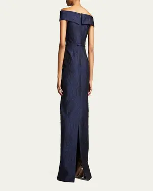 Rickie Freeman For Teri Jon Off-shoulder Jacquard Gown - Navy