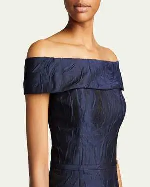 Rickie Freeman For Teri Jon Off-shoulder Jacquard Gown - Navy