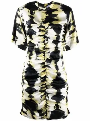 GANNI Tie-dye Ruched Silk-satin Dress - Yellow