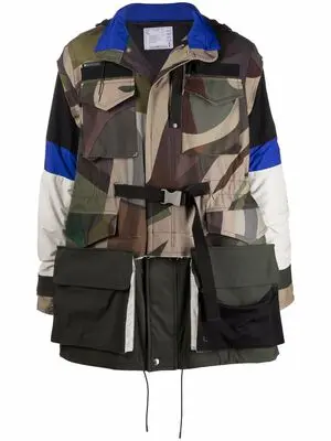 Sacai Camouflage-print Hooded Coat - Green
