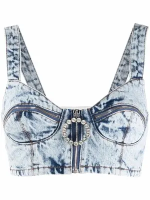 Alessandra Rich Crystal-embellished Zip-pull Denim Bralette