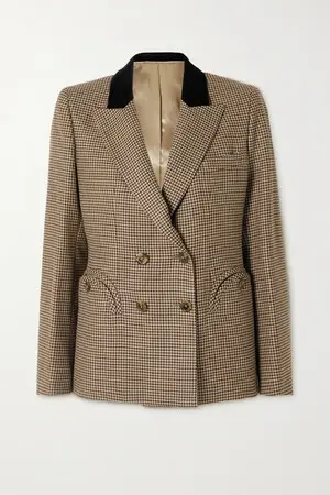BLAZÉ MILANO Joyette Charmer Double-breasted Velvet-trimmed Houndstooth Wool Blazer