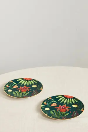 La DoubleJ Set Of Two Gold-plated Porcelain Dessert Plates - Green