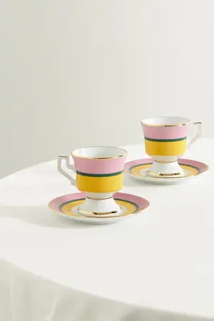 La DoubleJ Set Of Two Gold-plated Porcelain Espresso Cups And Saucers - Pink