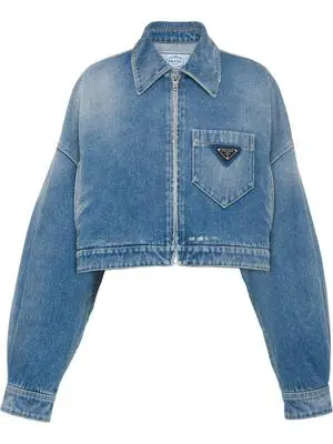 Prada Cropped Denim Jacket With Logo Plaque - Blue