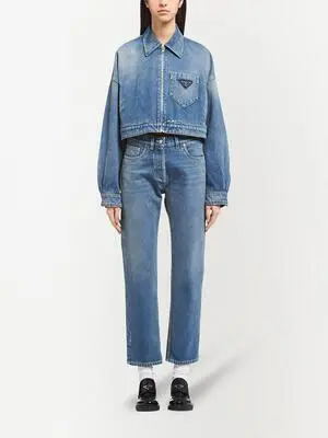 Prada Cropped Denim Jacket With Logo Plaque - Blue