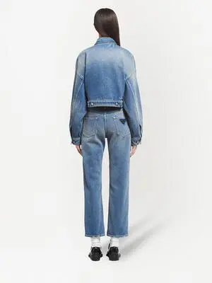 Prada Cropped Denim Jacket With Logo Plaque - Blue
