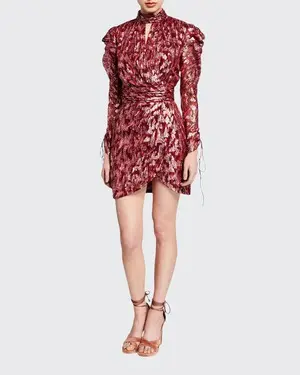jonathan simkhai metallic wrap dress Simkhai Metallic Vine Jacquard Mock-Neck Wrap Dress In Red - 75% Off