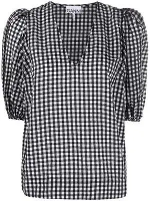 GANNI Check-print Balloon-sleeve Blouse