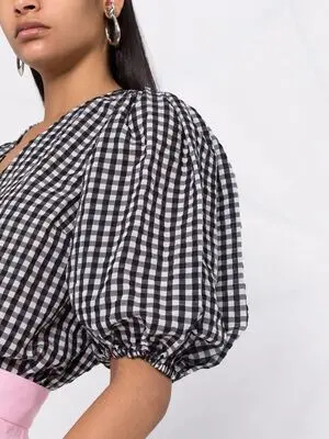 GANNI Check-print Balloon-sleeve Blouse