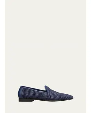 Manolo Blahnik Mario Raffia Slippers, Navy