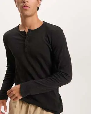 ATM Anthony Thomas Melillo Slub Jersey Destroyed Wash Henley Top - Black