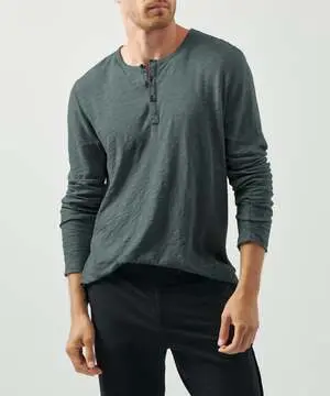 ATM Anthony Thomas Melillo Men's Slub Jersey Destroyed Wash Henley Top Coal