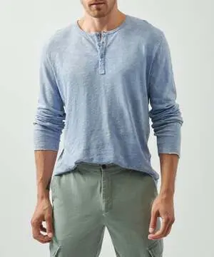 ATM Anthony Thomas Melillo Men's Slub Jersey Destroyed Wash Henley Top Deep Periwinkle