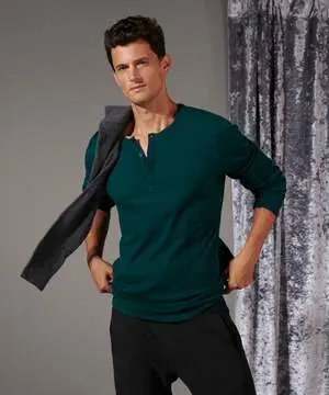 ATM Anthony Thomas Melillo Men's Slub Jersey Destroyed Wash Henley Top Emerald Forest