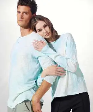 ATM Anthony Thomas Melillo Men's Slub Jersey Destroyed Wash Henley Top Empress Teal