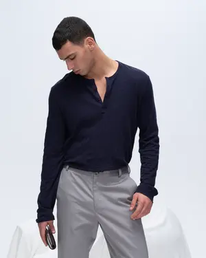 ATM Anthony Thomas Melillo Slub Jersey Destroyed Wash Henley Top - Midnight