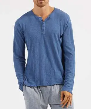 ATM Anthony Thomas Melillo Men's Slub Jersey Destroyed Wash Henley Top Ocean