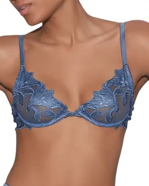 Fleur Du Mal Lily Embroidered Plunge Demi Bra - Spring Demin