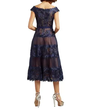 Tadashi Shoji Adriane Floral Embroidered Tea-length Dress - Navy
