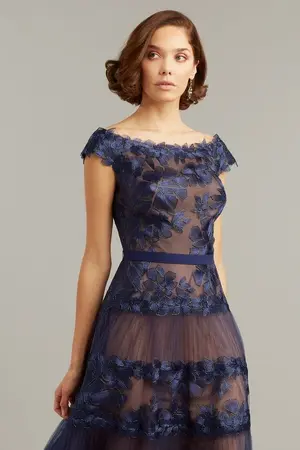 Tadashi Shoji Adriane Floral Embroidered Tea-length Dress - Navy