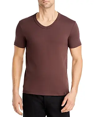 TOM FORD Cotton Blend V-neck Tee Dark Brown