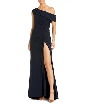 Mac Duggal Foldover Off-the-shoulder Slit Gown - Navy