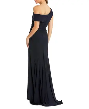 Mac Duggal Foldover Off-the-shoulder Slit Gown - Navy
