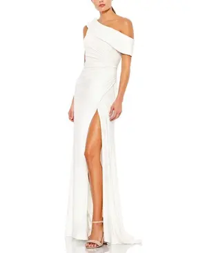 Mac Duggal Foldover Off-the-shoulder Slit Gown - White