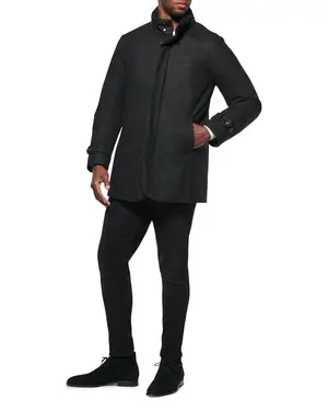 NORWEGIAN WOOL Down Filled Wool & Cashmere Herringbone Car Coat - Black
