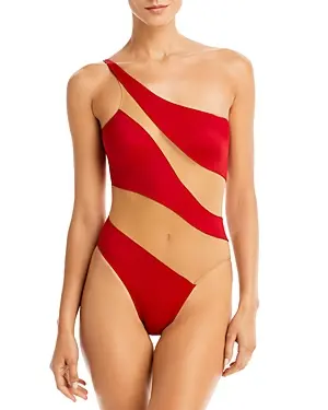 Norma Kamali Snake Mesh Stripe One Piece Swimsuit Red