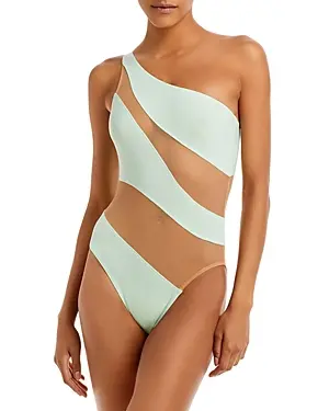 Norma Kamali Snake Mesh Stripe One Piece Swimsuit Seafoam/nu