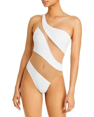 Norma Kamali Snake Mesh Stripe One Piece Swimsuit White