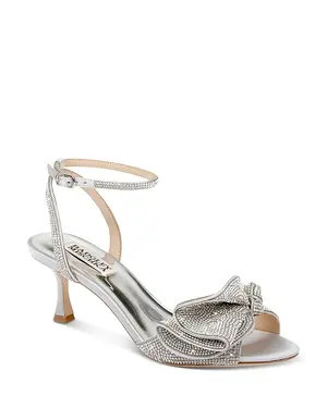 Badgley Mischka Remi Rhinestone Ruffle Mid-heel Sandals - Silver Satin