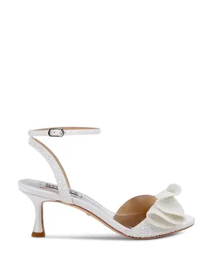 Badgley Mischka Remi Rhinestone Ruffle Mid-heel Sandals - White Satin