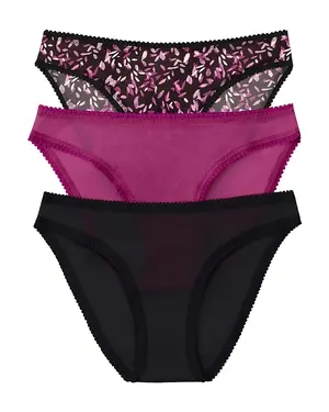 ON GOSSAMER Mesh Hip Bikinis, Set Of 3 Black/grape Wine/falling Petals