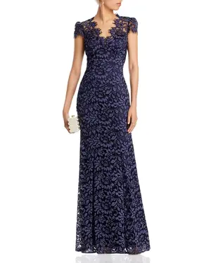 Eliza J Scalloped-edge Lace Gown - Navy