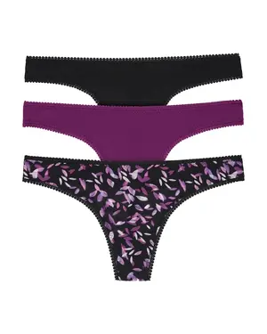 ON GOSSAMER Hip G Thongs, Set Of 3 - Black/grape Wine/falling Petals