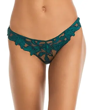 FLEUR DU MAL Lily Embroidered Hipster Thong Evergreen