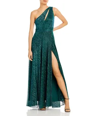 Aqua One-shoulder Metallic Gown