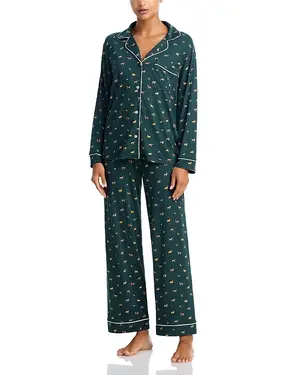 Eberjey Gisele Printed Long Pajama Set Holiday Dogs Pine/ivory