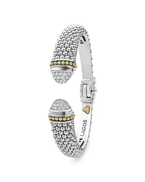 Lagos 18k Gold & Sterling Silver Caviar Diamond Cuff Bracelet - White/silver